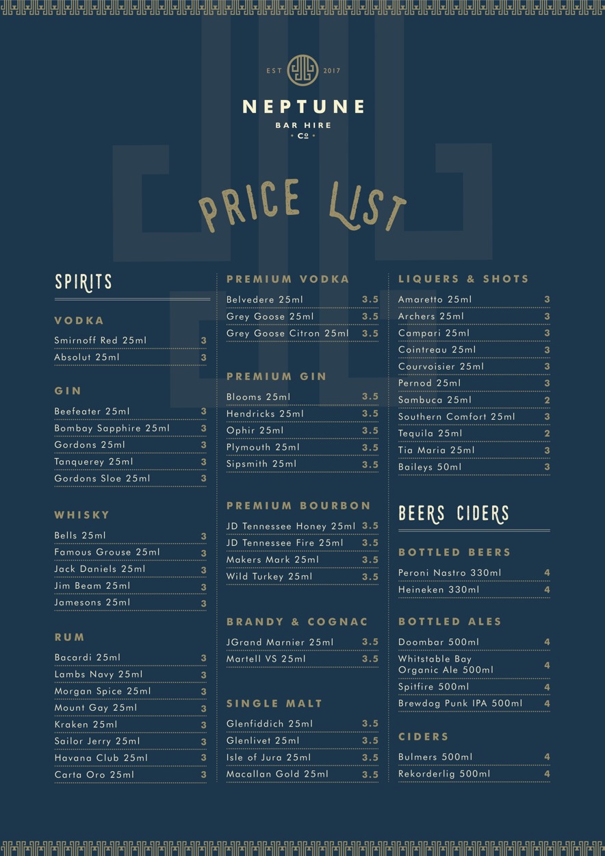 Neptune Bar Hire Company Price List