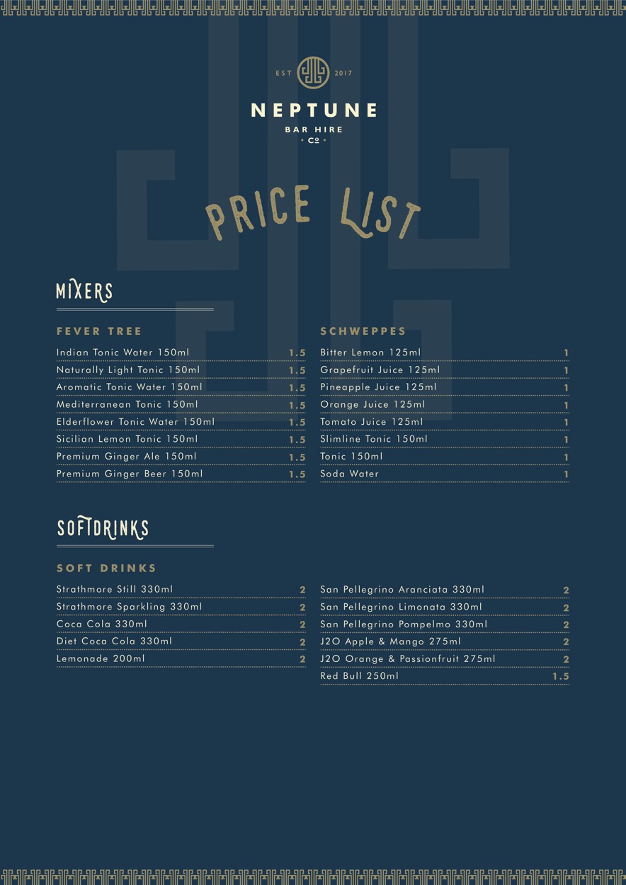 Neptune Bar Hire Company Price List