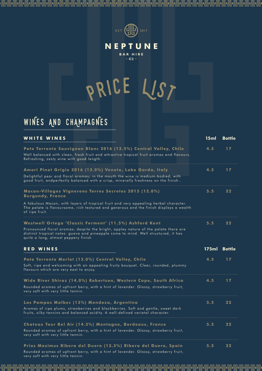 Neptune Bar Hire Company Price List